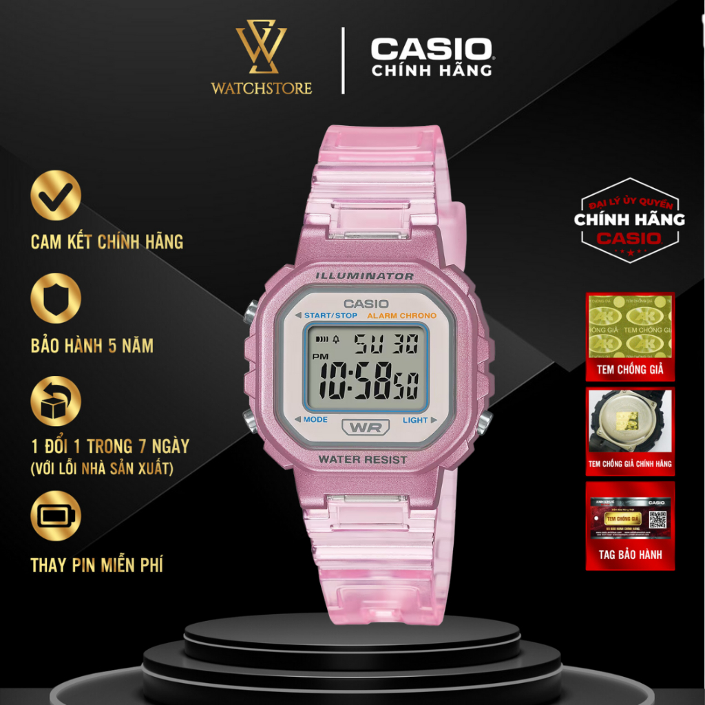 Đồng Hồ Điện Tử Unisex LA-20WHS-4ADF Dây Nhựa Trong Suốt Màu Hồng Mặt Kính Nhựa 30.4mm Chính ...