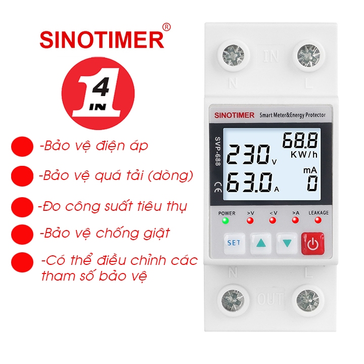 SVP688 Sinotimer 4 trong 1 bảo vệ quá áp/ thấp áp+ bảo vệ chống giật 63A+ bảo vệ quá dòng+ công ...