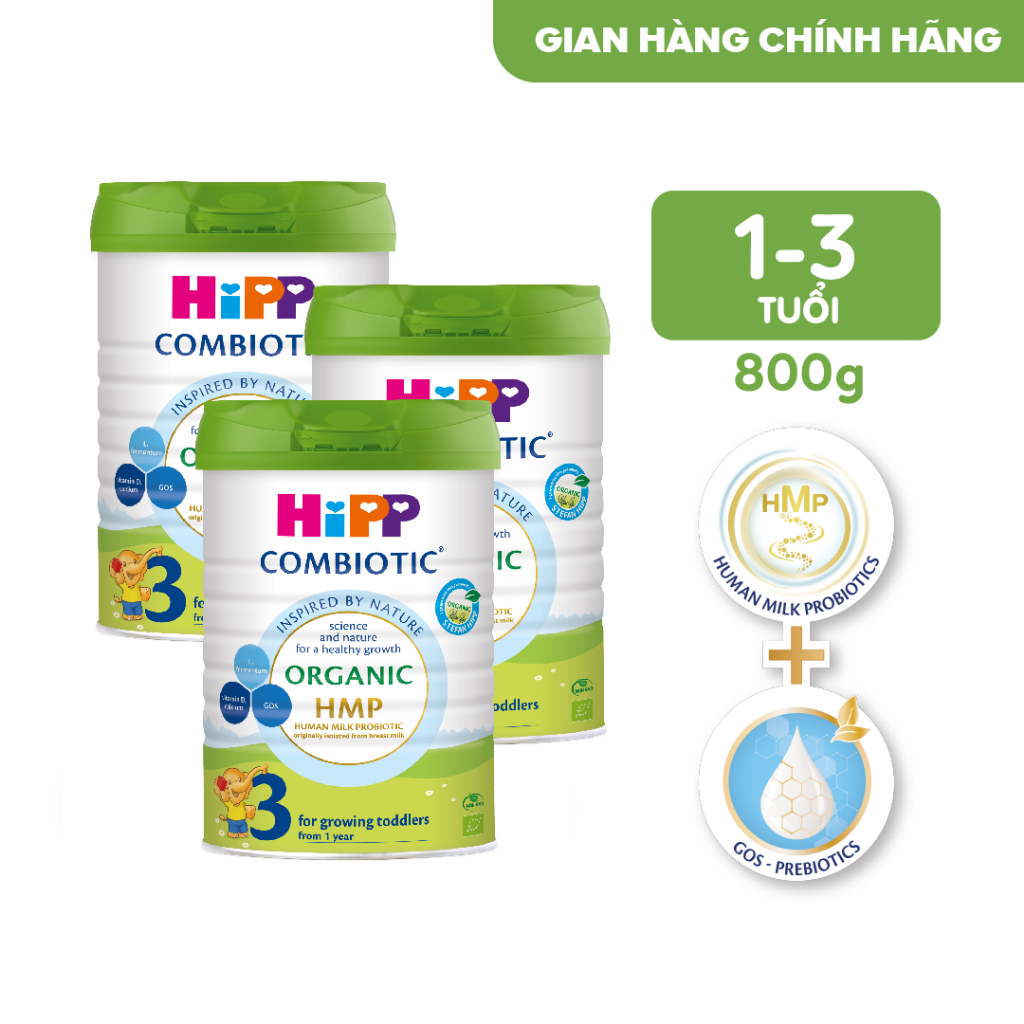 Combo 3 lon Sữa bột công thức HiPP 3 Organic Combiotic 800g hỗ trợ tiêu hóa và tăng chiều cao (3 ...