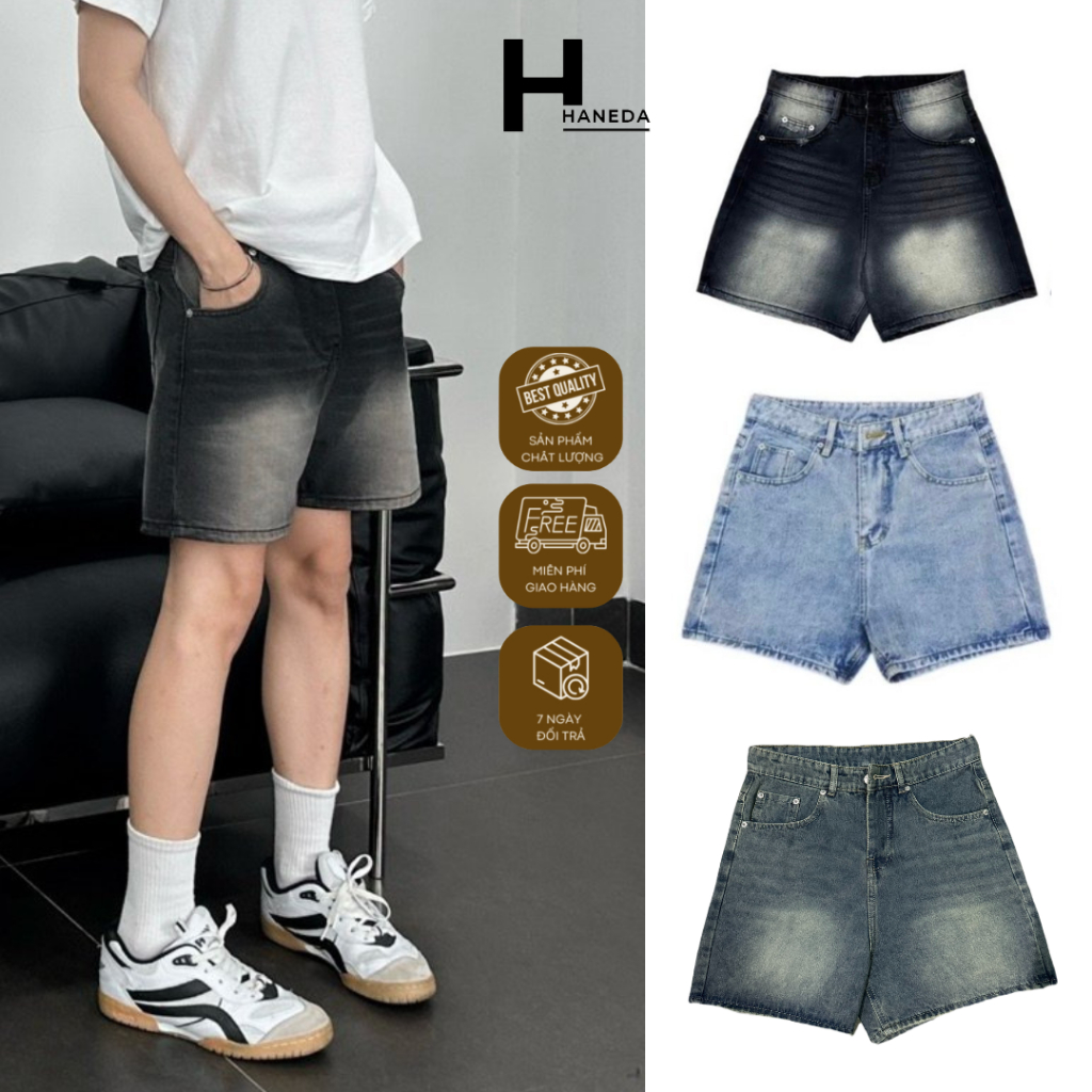 Short Jean Nam màu Retro ống rộng form trên gối Avocado, Quần đùi bò ...