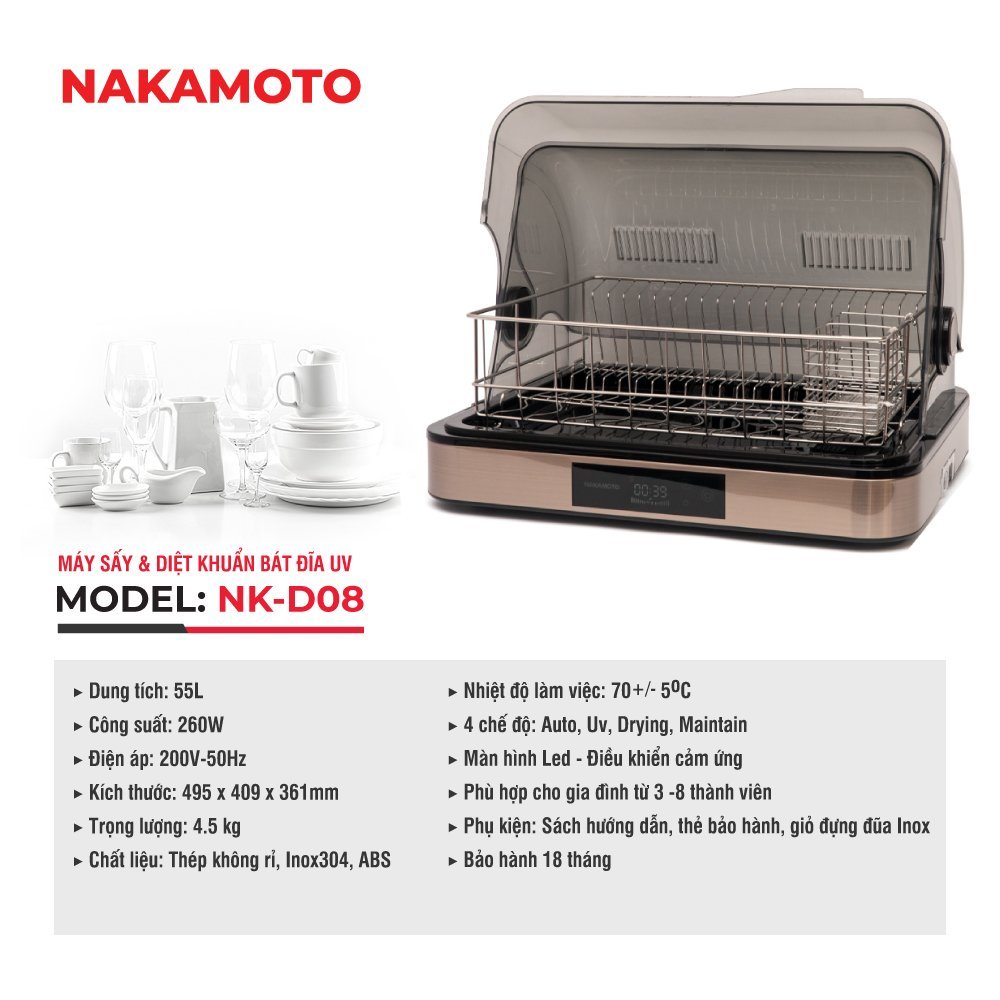 Máy Sấy Bát Nakamoto NK-D08 Dung Tích Lớn 55L,Điều khiển cảm ứng, Công Suất 260W Nắp Đóng Mở 90 ...