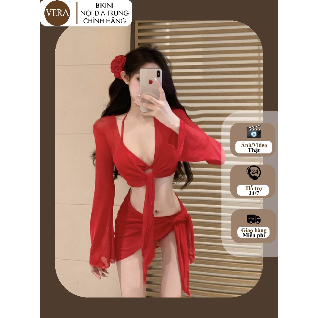 Mosricci Nguyên Chất Desire Lớn Đỏ Trắng Bikini Gợi Cảm 4 Bộ Đồ Bơi Nữ Dài Tay Bao Da Kỳ Nghỉ ...