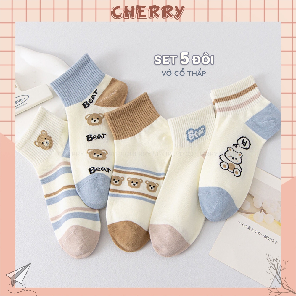 Tất nữ cổ ngắn set 5 đôi, chất liệu cotton họa tiết hình thêu dễ phối ...