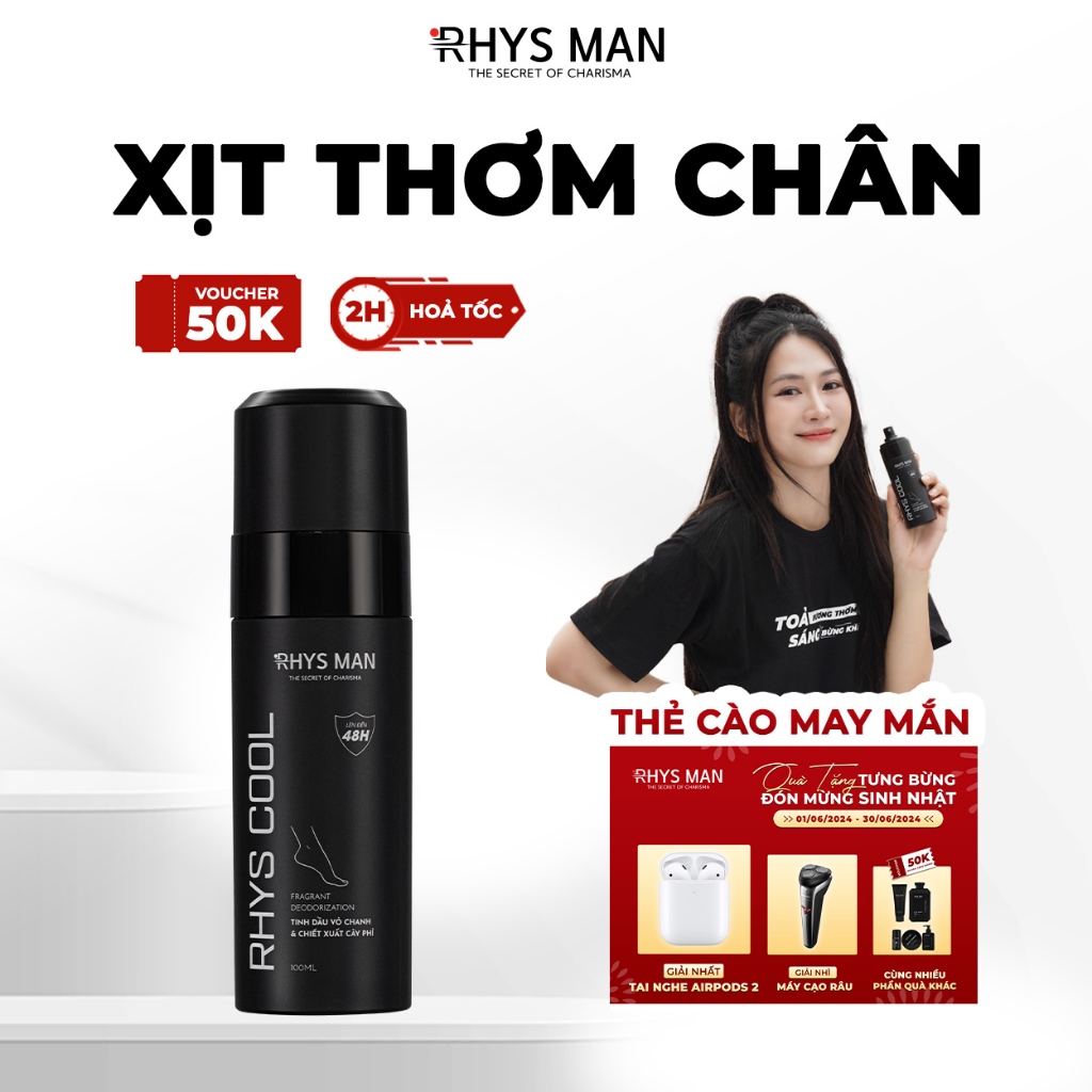 Xịt khử mùi chân 48h RHYS MAN tinh dầu vỏ chanh kiểm soát mùi và ngăn ...