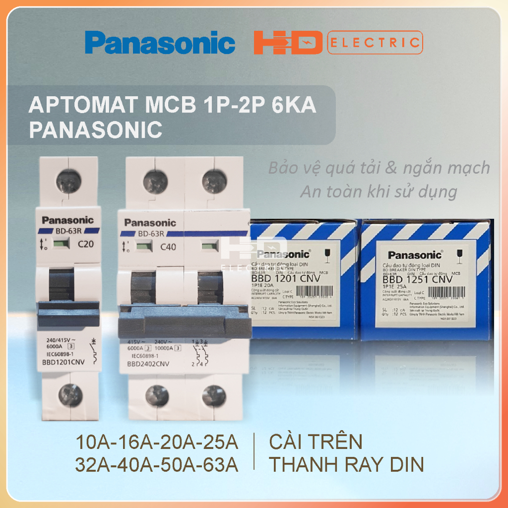 Át tép Aptomat MCB 1P 2P Panasonic 10A 16A 20A 25A 32A 40A 50A 63A 6kA bảo vệ quá tải và ngắn ...