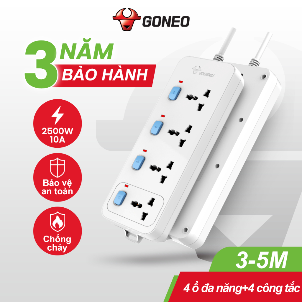Ổ Cắm Điện Chống Cháy GONGNIU - 4 Ổ Đa Năng 4 Công Tắc – Công Suất 10A/250/2500W Chính Hãng ...