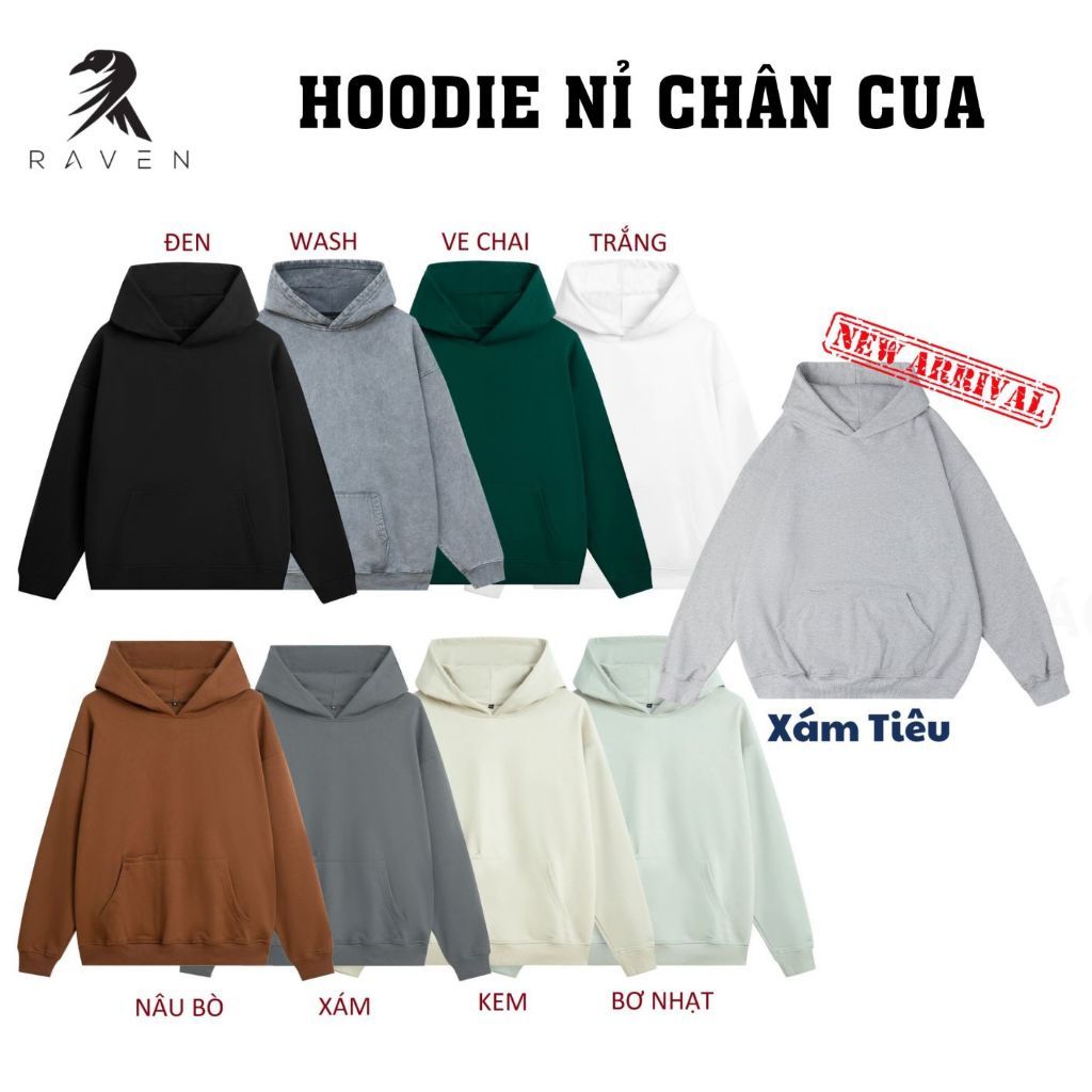 Áo Hoodie TRƠN Nỉ Chân Cua RAVEN form rộng Unisex Định Lượng 360gsm DÀY ...