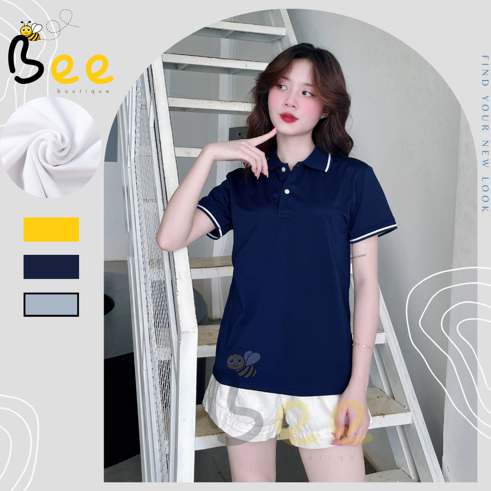Áo thun nữ POLO BEE cổ bẻ trụ tay ngắn phối 1 sọc basic phông màu xanh đen trơn vải cá sấu cao ...