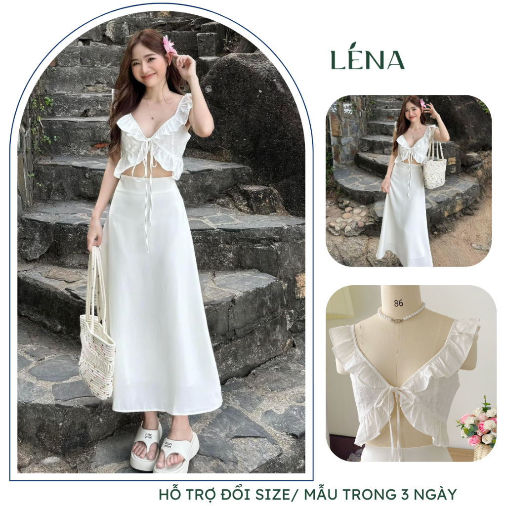 set áo croptop xô bèo tay cánh tiên và châ váy midi chữ A đi chơi, đi ...
