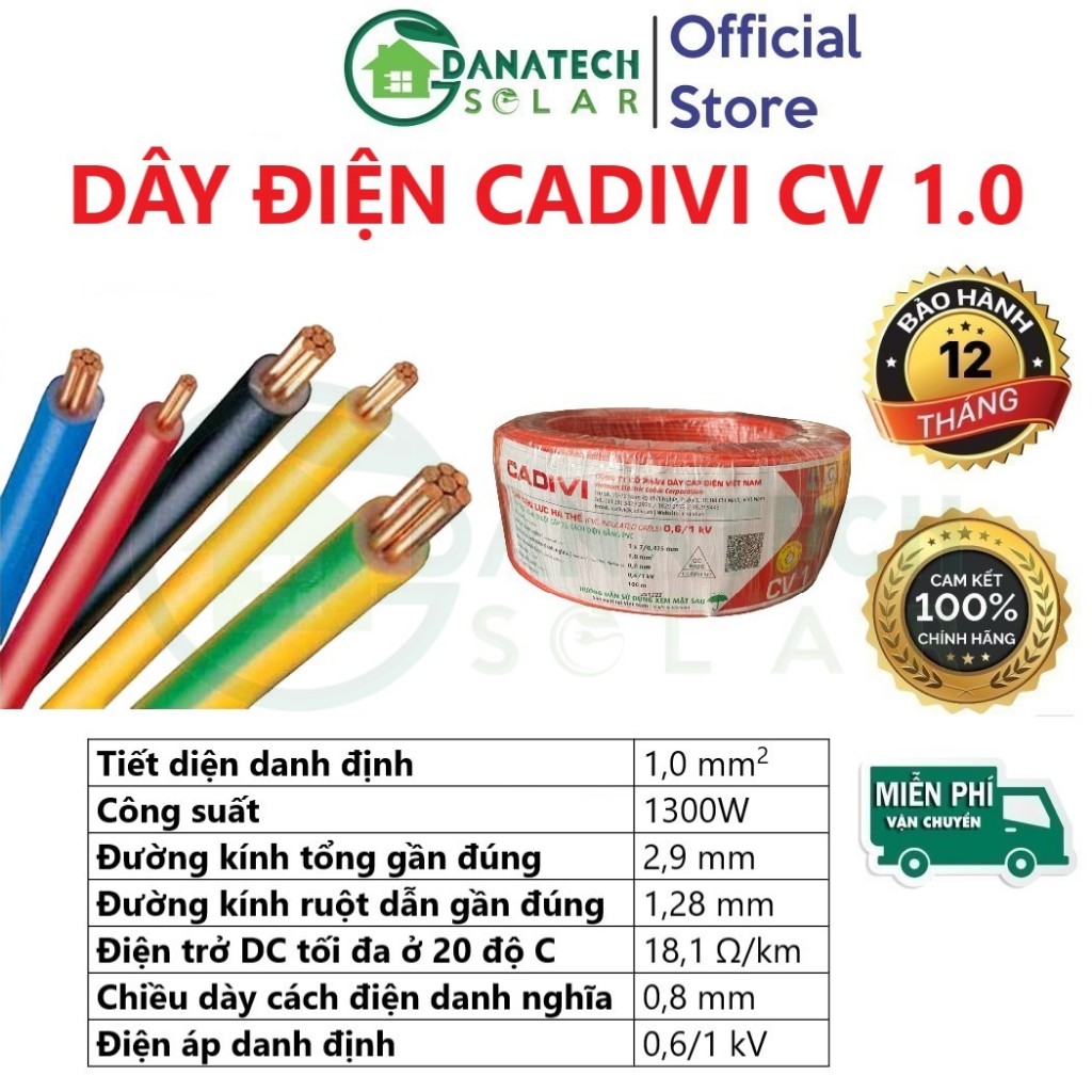 Dây điện cadivi đơn CV 1.0 1.5 2.5 4.0 đủ màu, lõi đồng cao cấp, bền bỉ, dẫn điện tốt (Cuộn 100m ...
