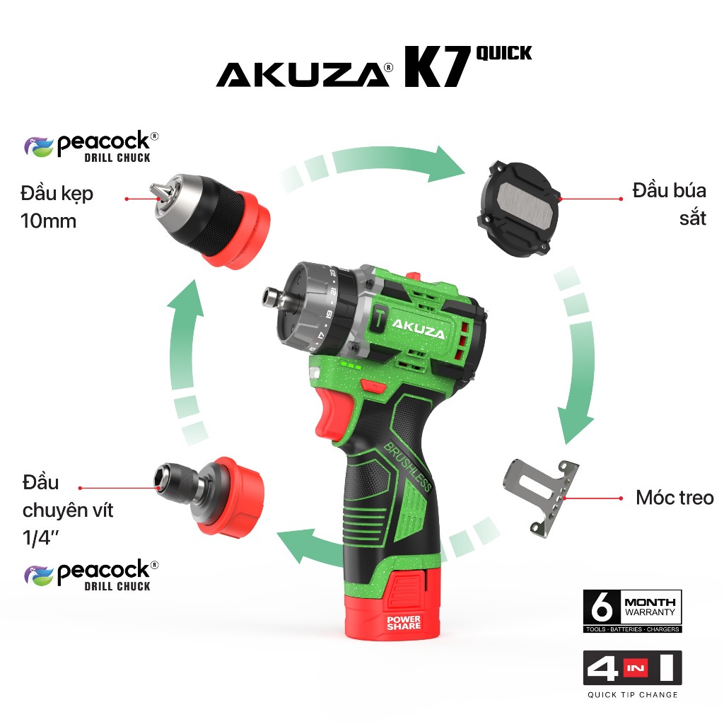 {Chính Hãng} Khoan Pin AKUZA K7 4 in 1 Có Búa- Khoan pin 16,8V Không Chổi Than Đầu Kẹp 10mm ...