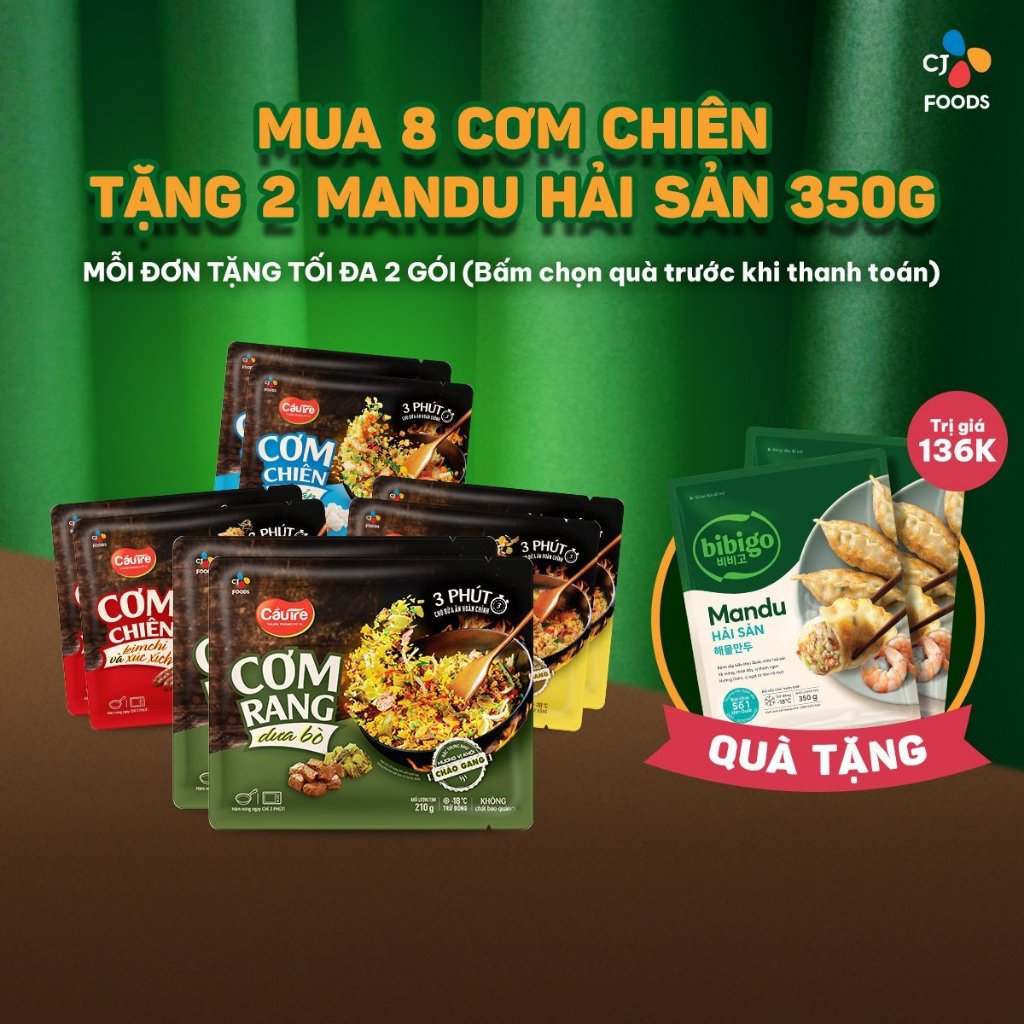[Tặng 2 gói Mandu lớn] Combo 8 cơm chiên Cầu Tre 210g x 8 (Hải sản x2, Dưa bò x2, Gà cháy tỏi x2 ...
