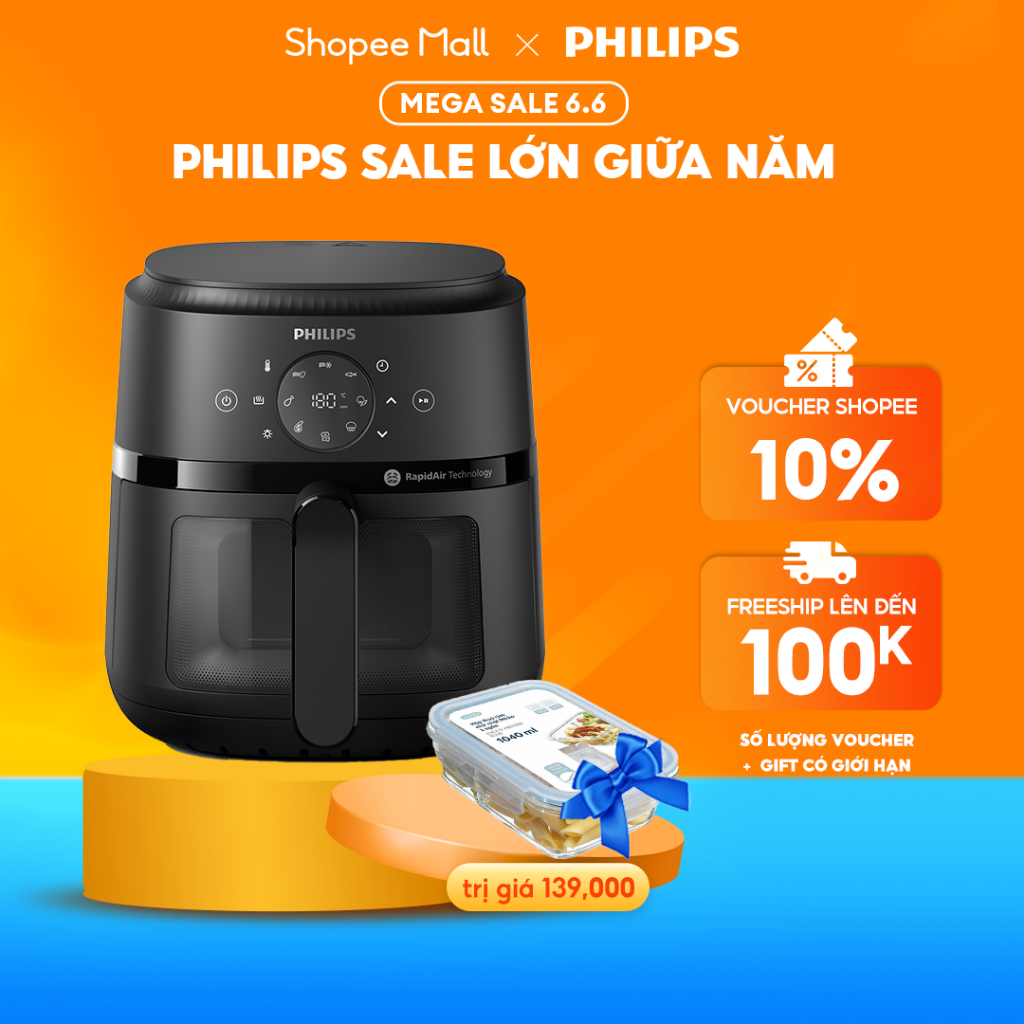 Nồi Chiên Không Dầu Điện Tử Philips NA220/00 4.2 lít |1500W| Cửa Sổ ...