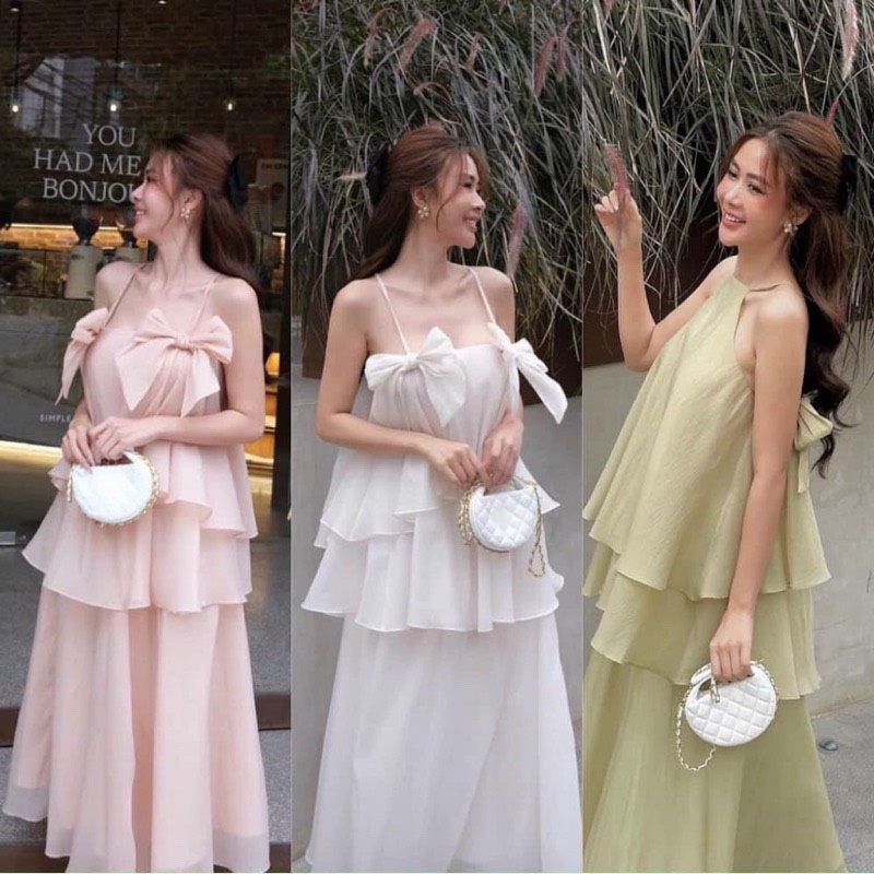 M967 - Đầm tơ dây yếm đính nơ phối tầng | Shopee Việt Nam