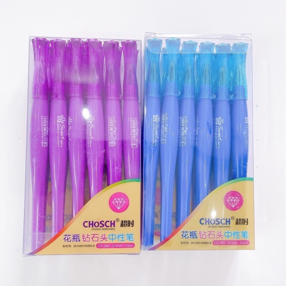 HỘP 12 Cây Bút Viết Gel Mực Nước Nắp Hình Kim Cương Chosch CS 885/ CS-885 Ngòi 0.5mm, Thân Ú ...
