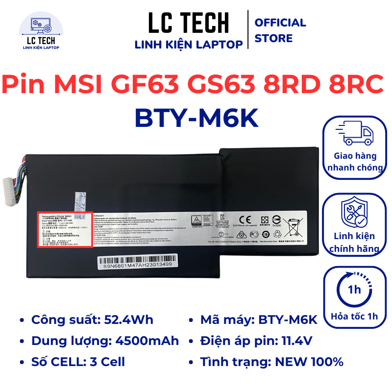 Pin MSI GF63 GS63 8RD 8RC GF75 BTY BTY-M6K 52.4WH, PIN laptop MSI BTY ...
