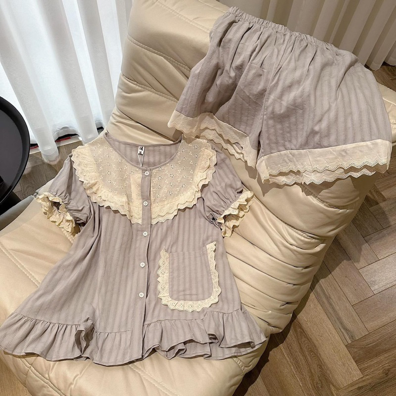 Bộ Pijama cộc tay đũi mềm xanh ghi túi trước phong cách ngọt ngào nữ ...