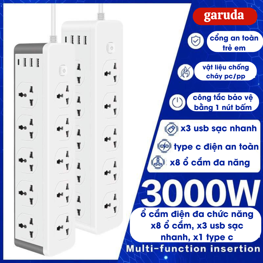 Ổ cắm điện đa năng chính hãng GARUDA 3 cổng USB 15v sạc nhanh, 1 type c, chống cháy, ổ chịu tải ...