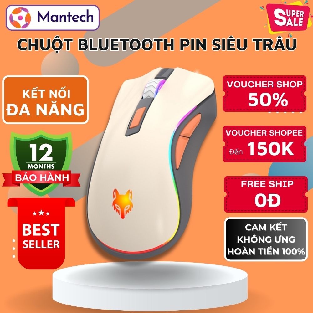 Chuột Không Dây Gaming Mantech H52 New 2025 Led RGB, Pin Siêu Trâu, 2 Mode Kết Nối Bluetooth, 2 ...