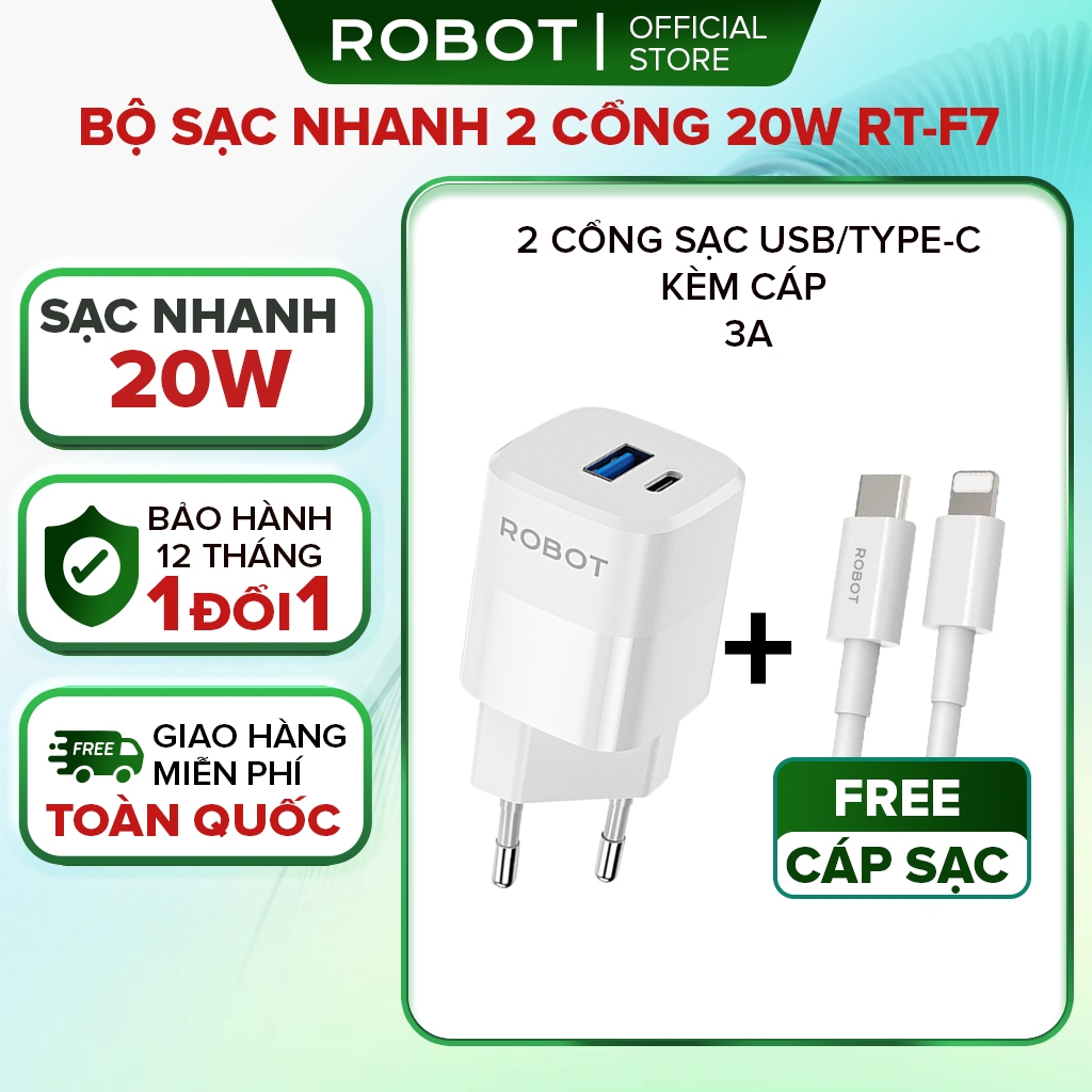 Cốc Sạc Nhanh 20W ROBOT RT-F1 RT-F7 QC 3.0 3A 2 Cổng Sạc - Bảo Hành 1 ...