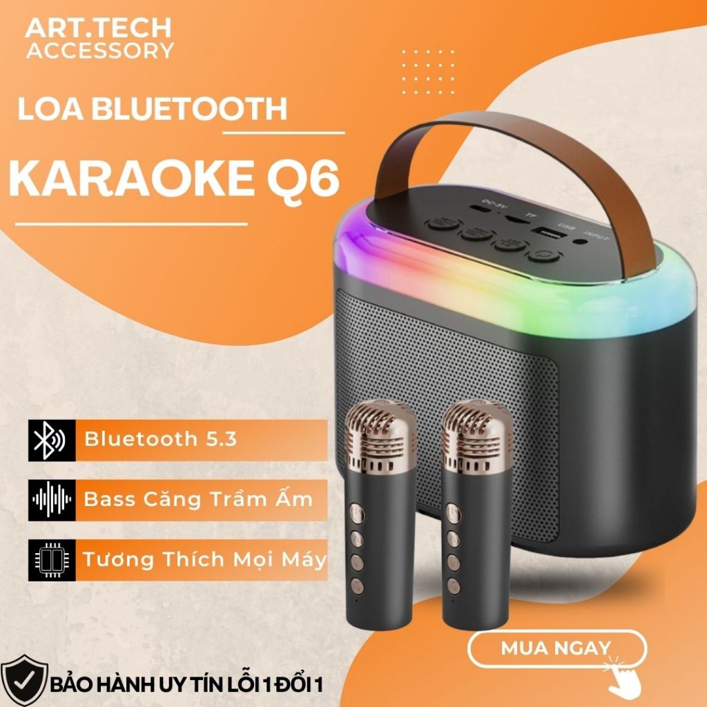 Loa Karaoke Q6, Kèm 2 Mic, Loa Bluetooth Mini Không Dây, Đèn Led chuyển ...
