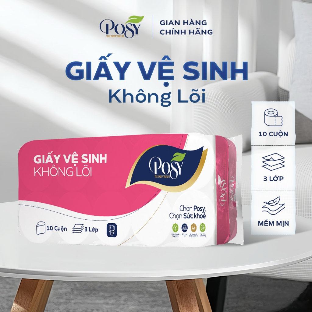 Giấy vệ sinh cao cấp POSY 3 lớp 10 cuộn, không lõi, mềm mịn thoáng nhẹ ...
