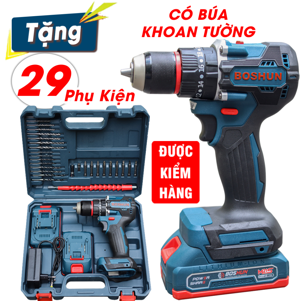 [Kèm Phụ Kiện] Máy Khoan Pin BOSHUN BS-ID1065BL Không Chổi Than - Chuyên Khoan Tường, Khoan Sắt ...