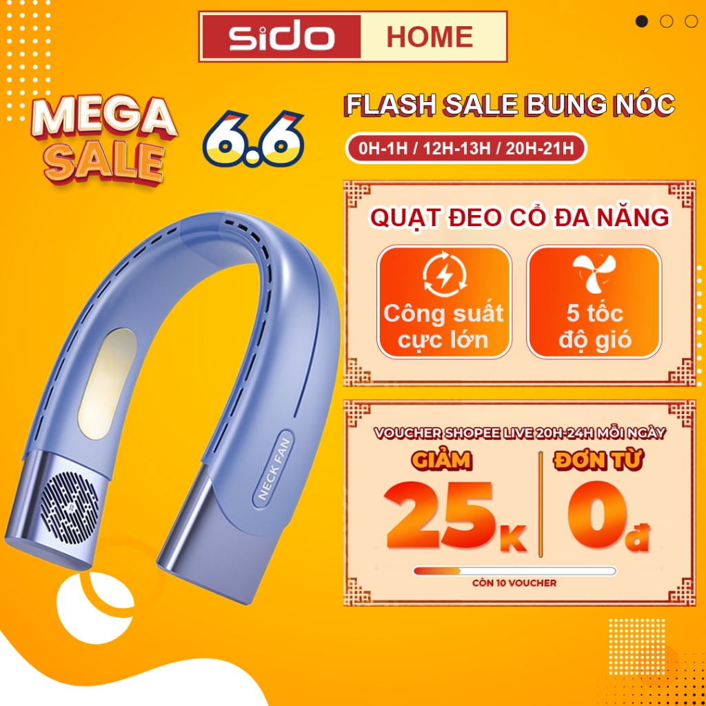 Quạt mini đeo cổ Sidohome SH13 sạc pin tích điện máy quạt 5 chế độ làm mát không tiếng ồn pin ...