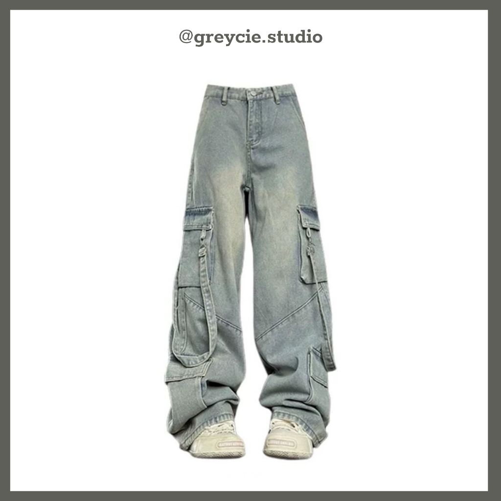 [Sẵn] GREYCIE Quần bò ống rộng xanh nữ quần jeans túi hộp cá tính sexy ...