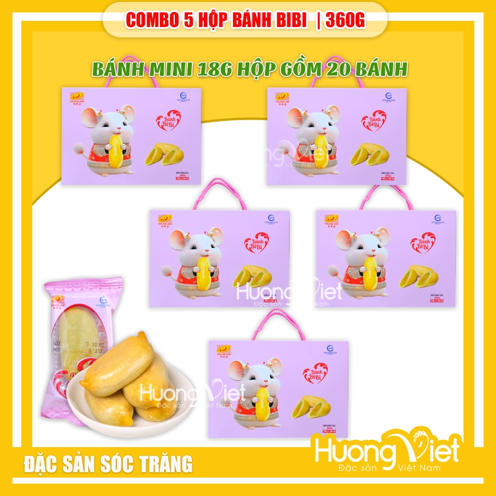 COMBO 5 HỘP Bánh bi bi Tân Huê Viên, bánh pía BIBI mini Sóc Trăng 360g (20 gói x 18g), ăn vặt ...