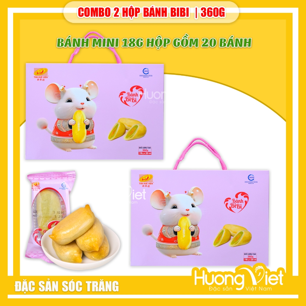 COMBO 2 HỘP Bánh bi bi Tân Huê Viên, bánh pía BIBI mini Sóc Trăng 360g (20 gói x 18g), ăn vặt ...