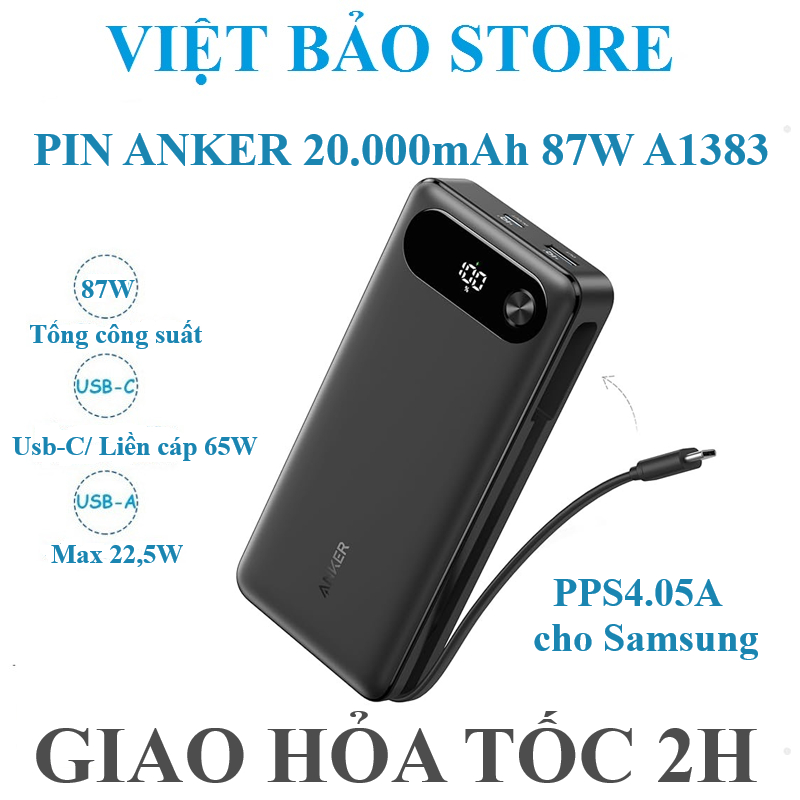 Pin sạc dự phòng Anker 20000mAh 87W liền cáp type-C A1383 sạc nhanh 65W ...