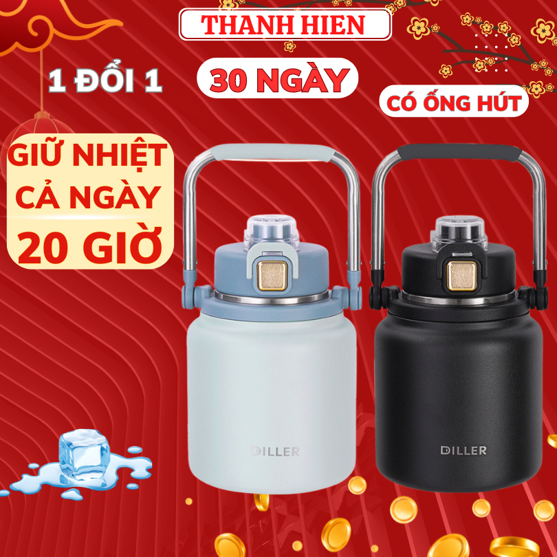 Bình giữ nhiệt 1800ML béo lùn inox 304, bình nước giữ nhiệt có ống hút vòi rót và quai xách, giữ ...