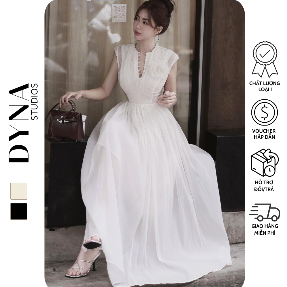Váy tơ xoè dáng dài BAGEO chun bụng cổ nhú cúc gài kèm tag hoa rời xinh ...