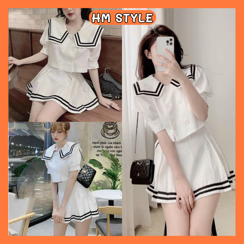 Set áo croptop thuỷ thủ viền bèo đen đính cúc kèm chân váy dáng xoè ...