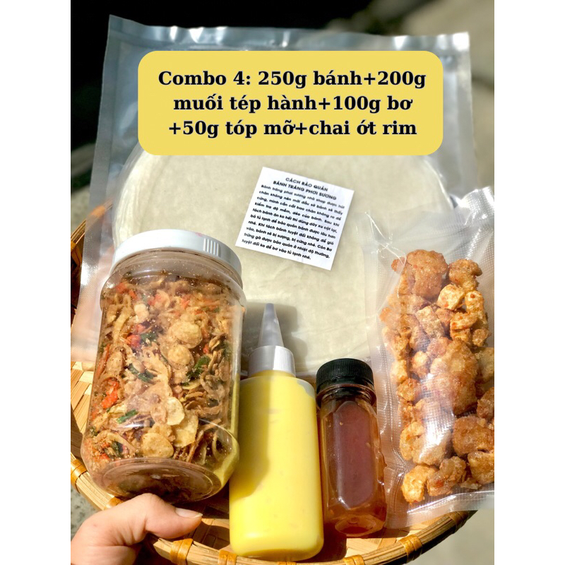 Combo 4: 250G BÁNH TRÁNG PHƠI SƯƠNG+200G MUỐI TÉP HÀNH PHI+1 CHAI BƠ+1 ...
