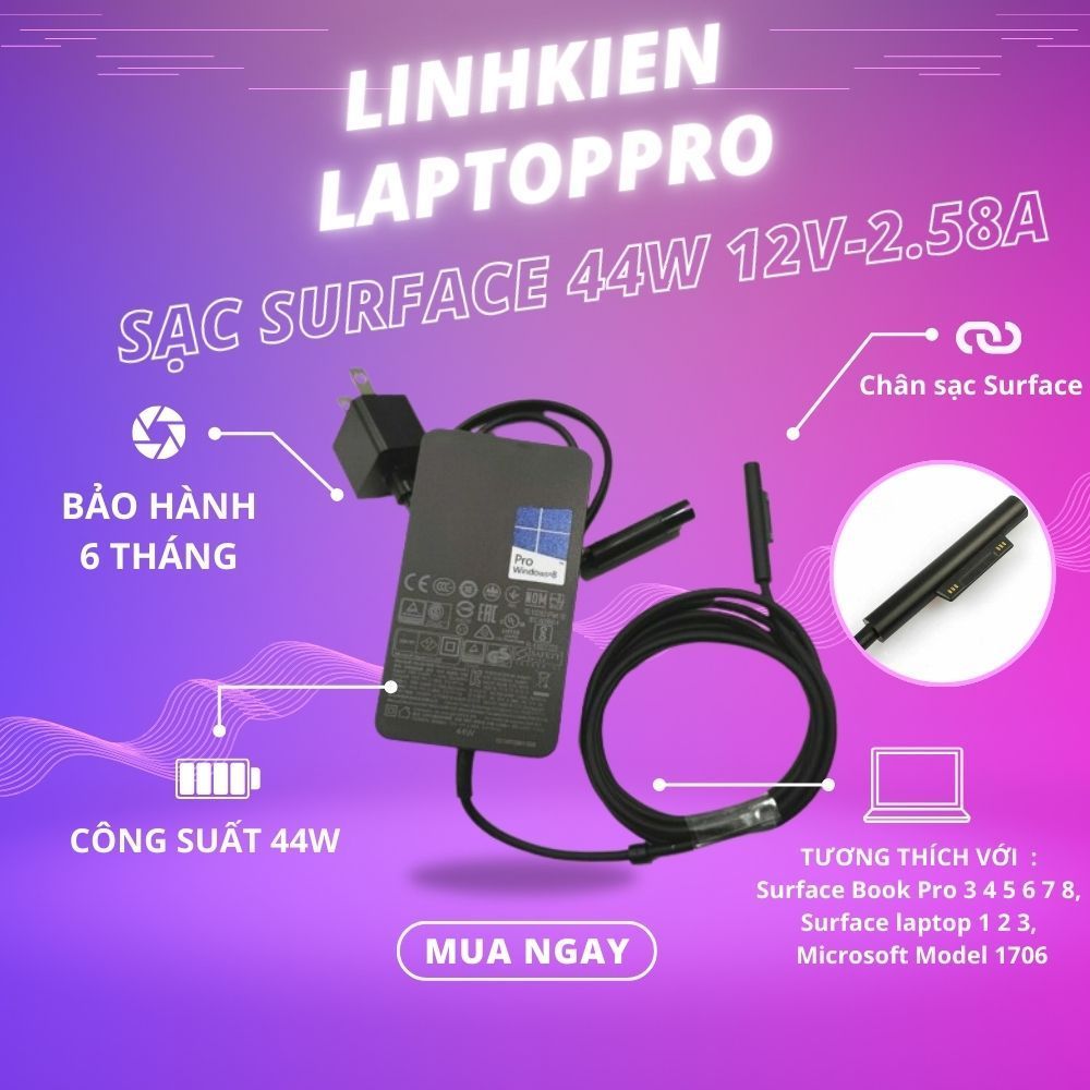 Sạc Surface Book Pro 3 4 5 6 7 8, Surface laptop 1 2 3, Microsoft Model 1706 - 12v-2.58A 45W Zin ...
