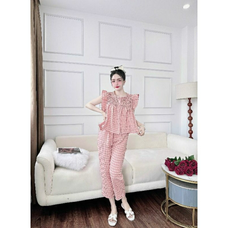 Bộ mặc nhà nữ _ Bộ caro 9 tấc áo babydoll vải kate mềm mịn size lớn 40-58kg | Shopee Việt Nam