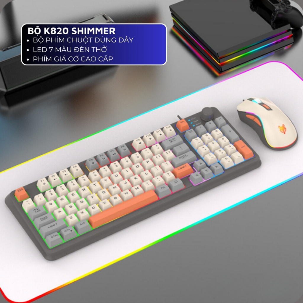 Bộ Bàn Phím Và Chuột Máy Tính Giả Cơ Gaming K820 XUNFOX LED 7 Màu Tích Hợp Núm Chỉnh Âm, Gõ Êm ...
