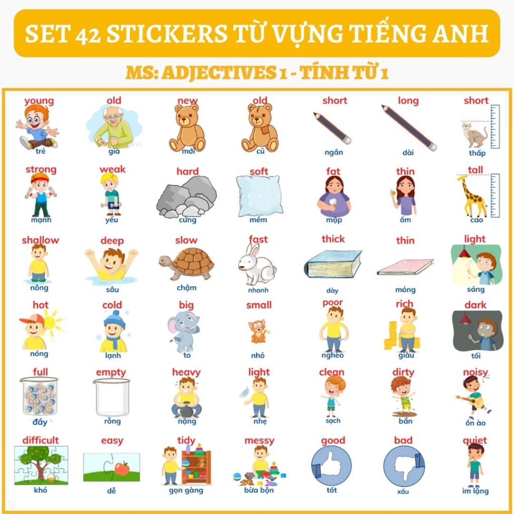 🔥SET 42 STICKERS - CHỦ ĐỀ ADJECTIVES TÍNH TỪ🔥 | Shopee Việt Nam