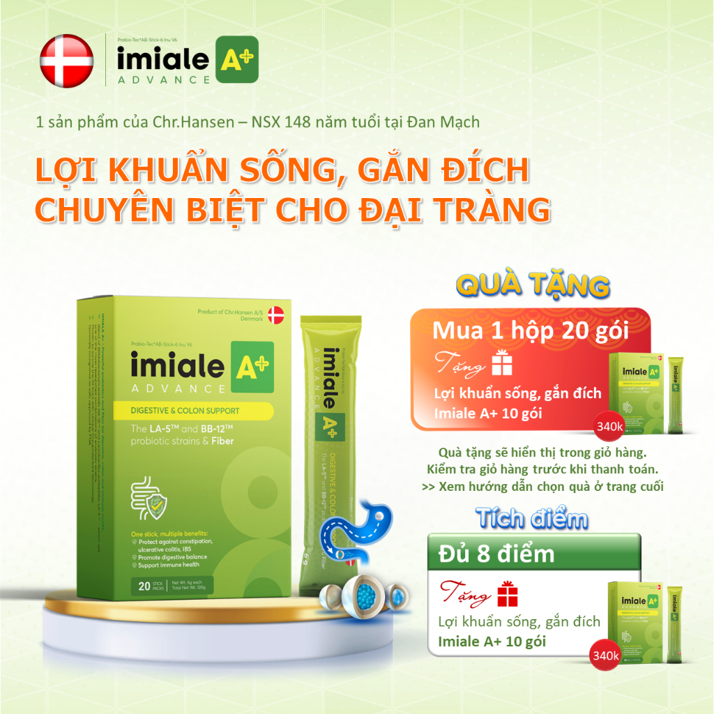 Lợi khuẩn sống, gắn đích IMIALE A+ Đan Mạch, hộp 20 gói hỗ trợ tiêu hóa ...