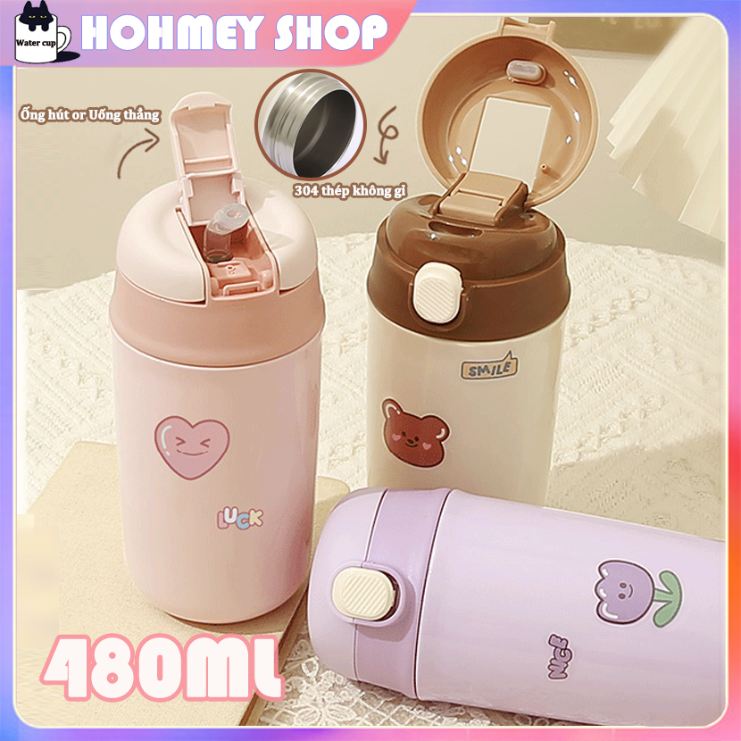 Bình giữ nhiệt màu sắc và hoạ tiết dễ thương kèm ống hút silicon, chất liệu inox 304, dung tích ...