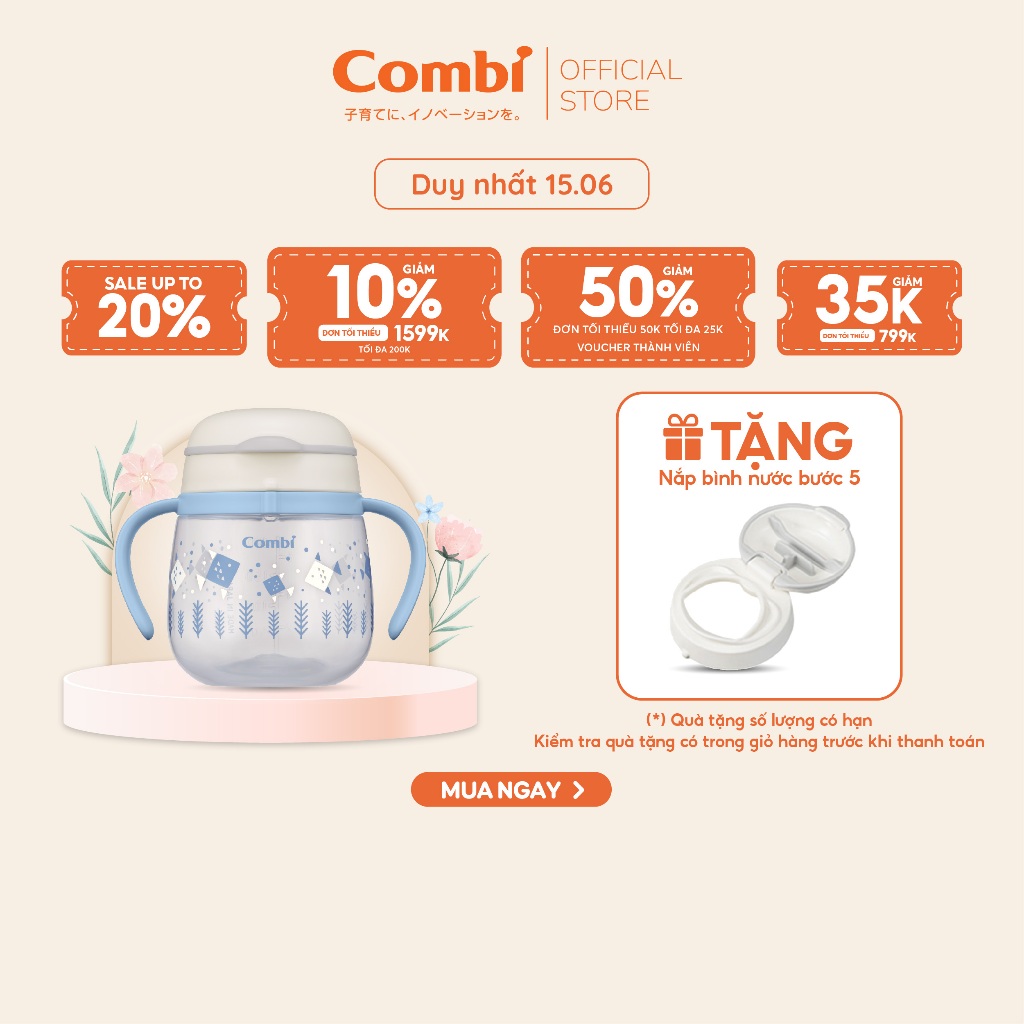 (DUY NHẤT 15/6 - TẶNG NẮP BÌNH NƯỚC) Bình nước Combi LakuMug bước 5 (tập uống bằng miệng) dung ...