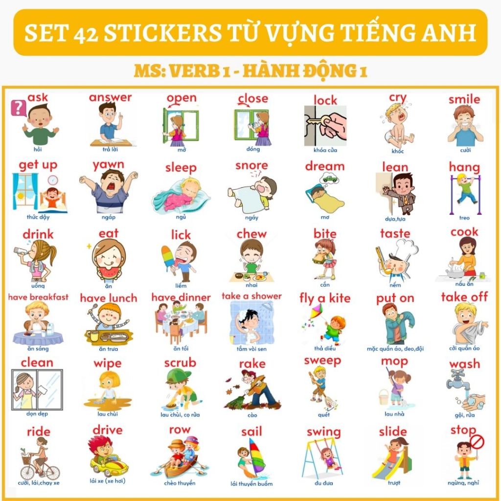 🔥SET 42 STICKERS - CHỦ ĐỀ HÀNH ĐỘNG TIẾNG ANH VERB🔥 | Shopee Việt Nam