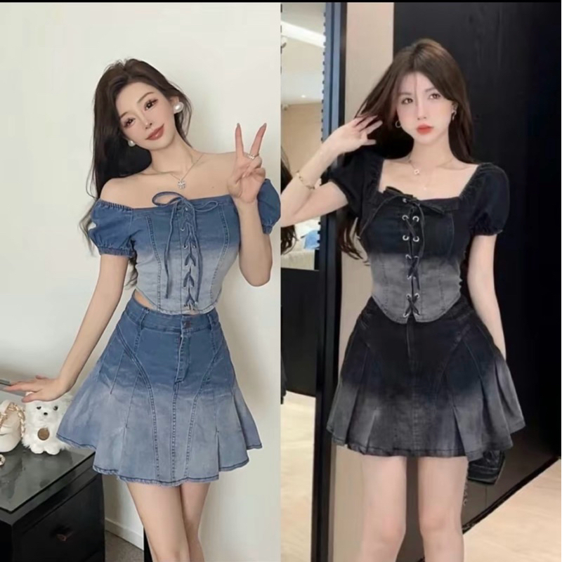 Pass set jean loang màu áo croptop + chân váy xếp li | Shopee Việt Nam