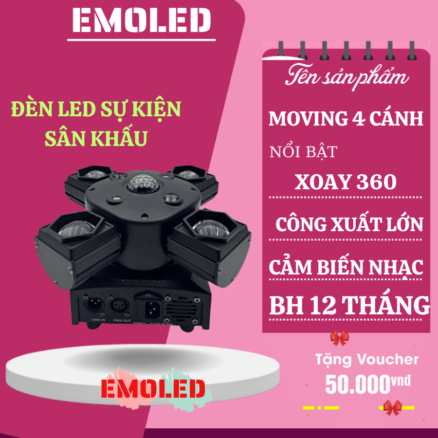 Đèn sân khấu 4 cánh moving EMOLED xoay 360 độ nháy theo dành cho sân ...