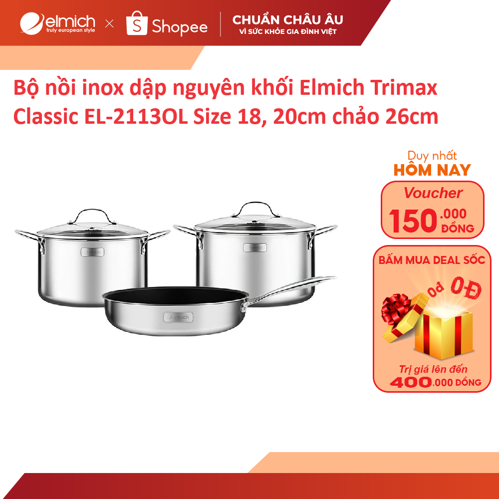 Bộ nồi inox dập nguyên khối Elmich Trimax EL-2113OL Size 18, 20cm chảo 26cm ( Bản nâng cấp ...