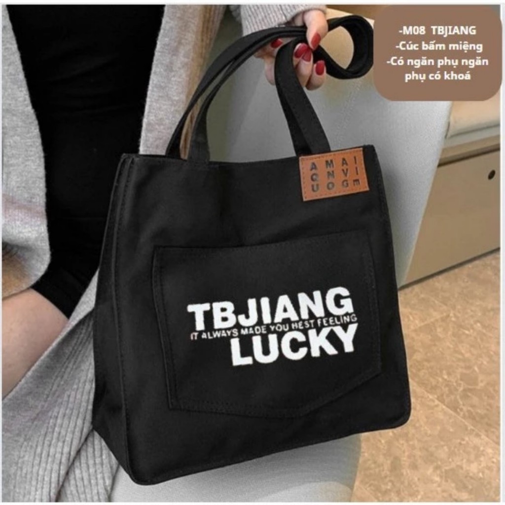 Túi tote túi vải canvas tap ABC phong cách Hàn quốc, có ngăn phụ thời ...