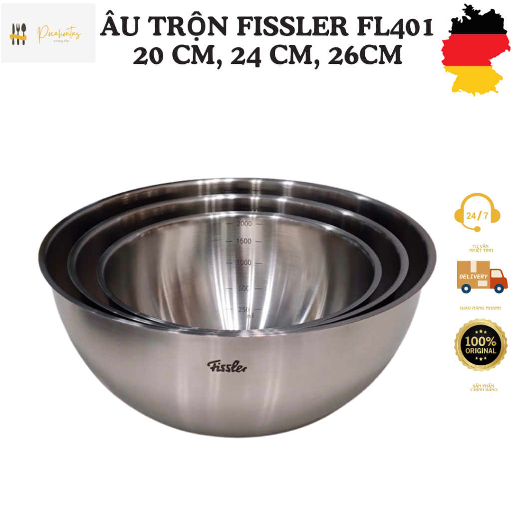 Âu trộn FISSLER FL401, 3 bát inox 304, set 3 bát inox trộn, bát inox FISSLER 20cm, 24cm, 26cm ...