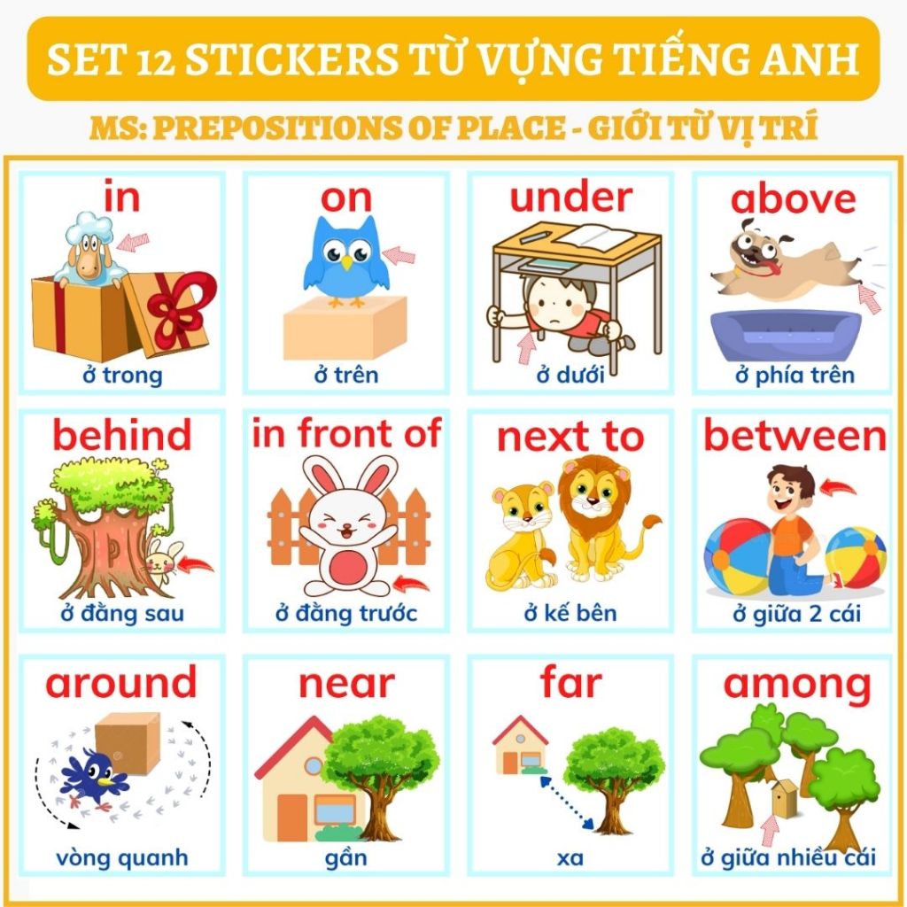 🔥SET 12 STICKERS - CHỦ ĐỀ PREPOSITIONS GIỚI TỪ🔥 | Shopee Việt Nam